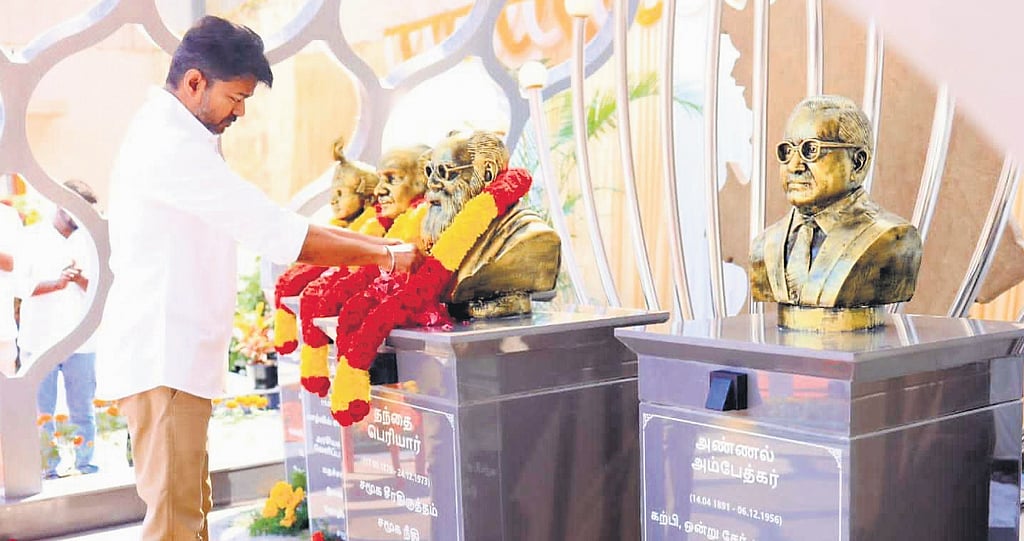 TVK chief Vijay unveils busts of icons