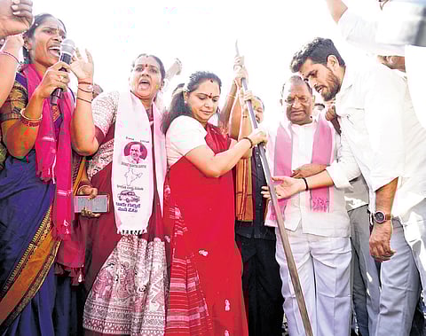 BRS leader Kavitha lays stone for 'original' Telangana Talli statue