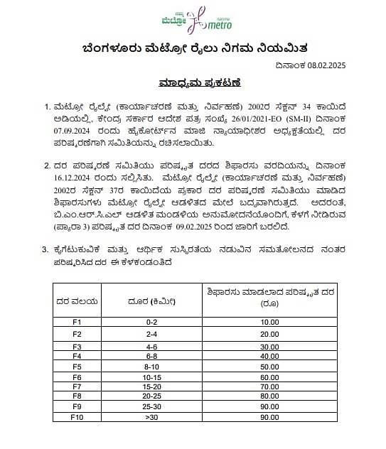 ನಮ್ಮ ಮೆಟ್ರೊ ಪ್ರಯಾಣ ದರ ಶೇ 47ರಷ್ಟು ಹೆಚ್ಚಳ: ನಾಳೆಯಿಂದಲೇ ಪರಿಷ್ಕೃತ ದರ ಜಾರಿ