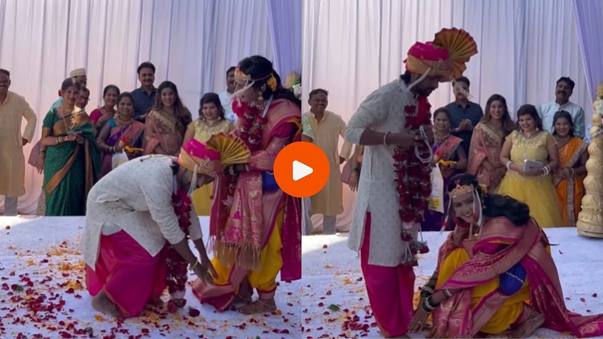 वरमाला घातल्यानंतर Prathamesh- Kshitija पडले एकमेकांच्या पाया, Video ...