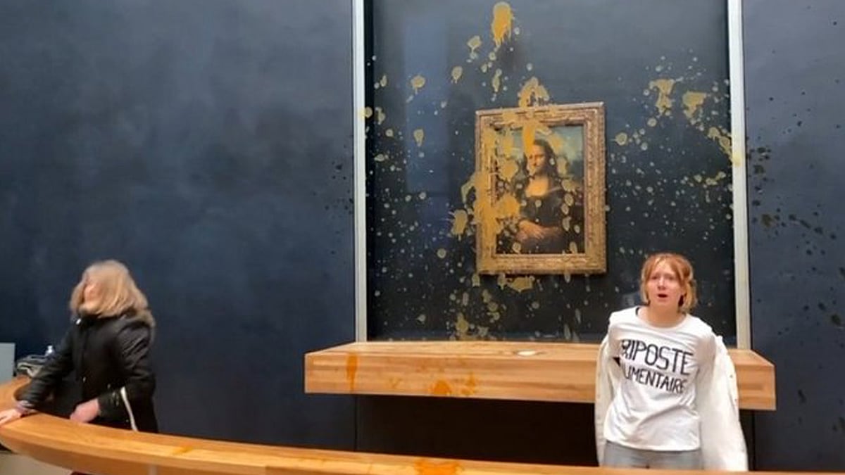 Protest in Paris by bathing Mona Lisa in soup, video