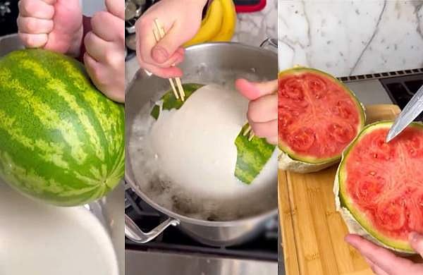 video of a man deep-frying a whole watermelon