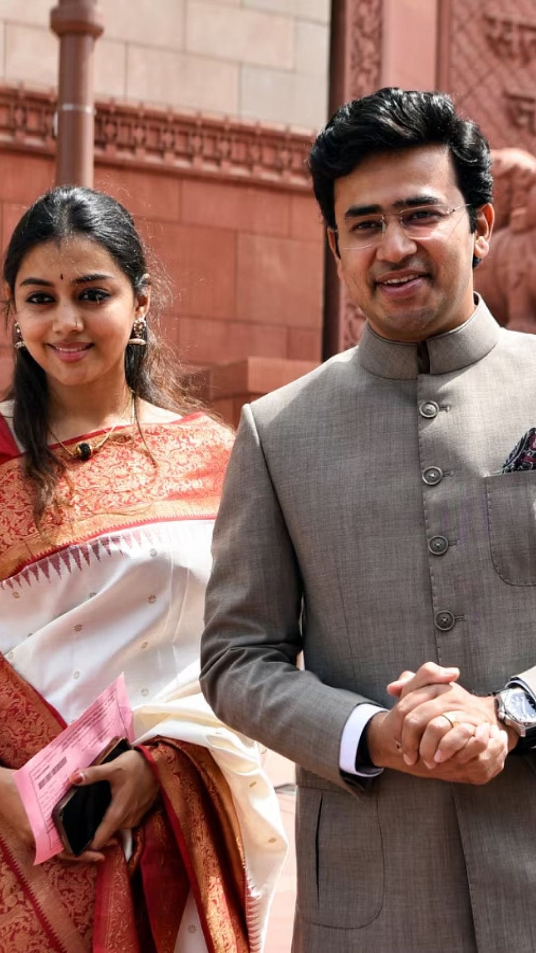 Tejasvi Surya with wife : भाजप खासदार पत्नीसह संसद भवनात! पाहा खास फोटो BJP MP Tejasvi Surya ...