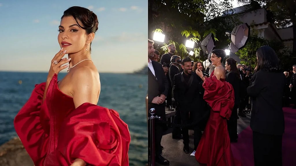 Jacqueline Fernandez Exudes Elegance in a Strapless Red Gown at Cannes