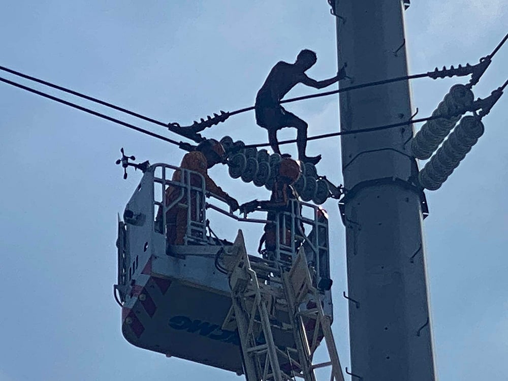 Man climbs up an electric post, refuses to go down
