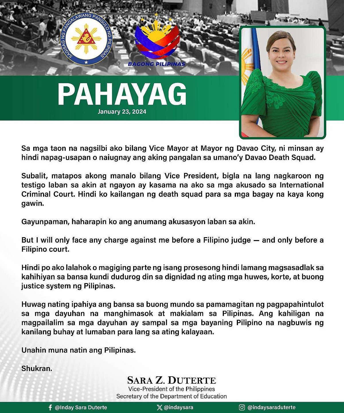 Vice President Sara Duterte to Face Filipino Judge and Court in ICC Case