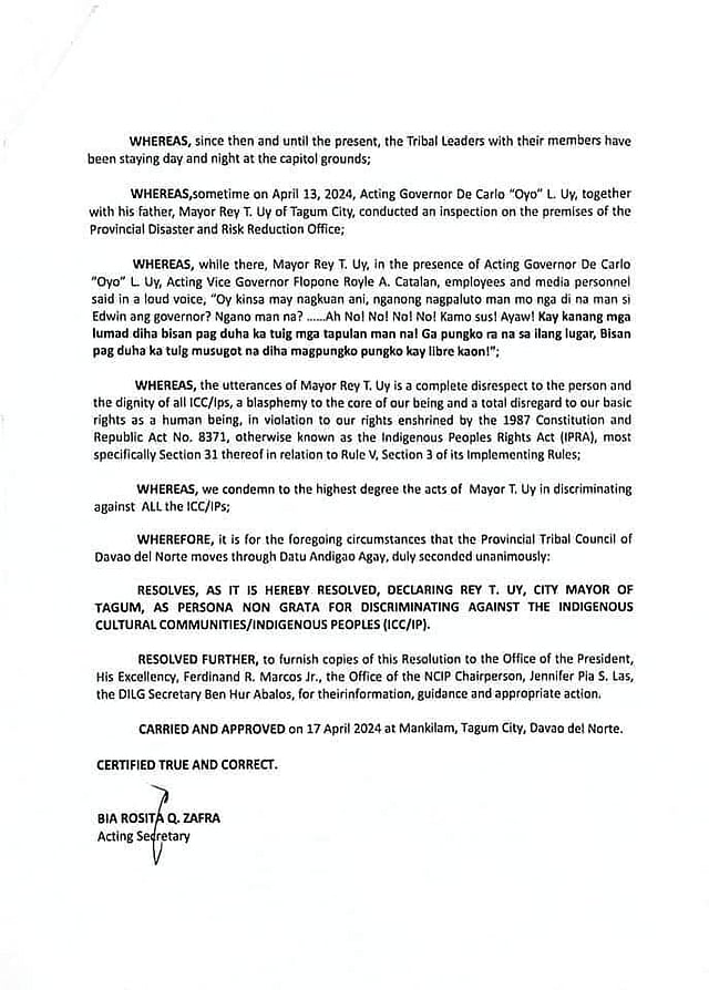 Mayor, Vice guv Uy declared persona non grata for calling IPs ‘tapulan’
