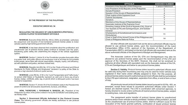 Marcos orders regulation of protocol license plate issuance