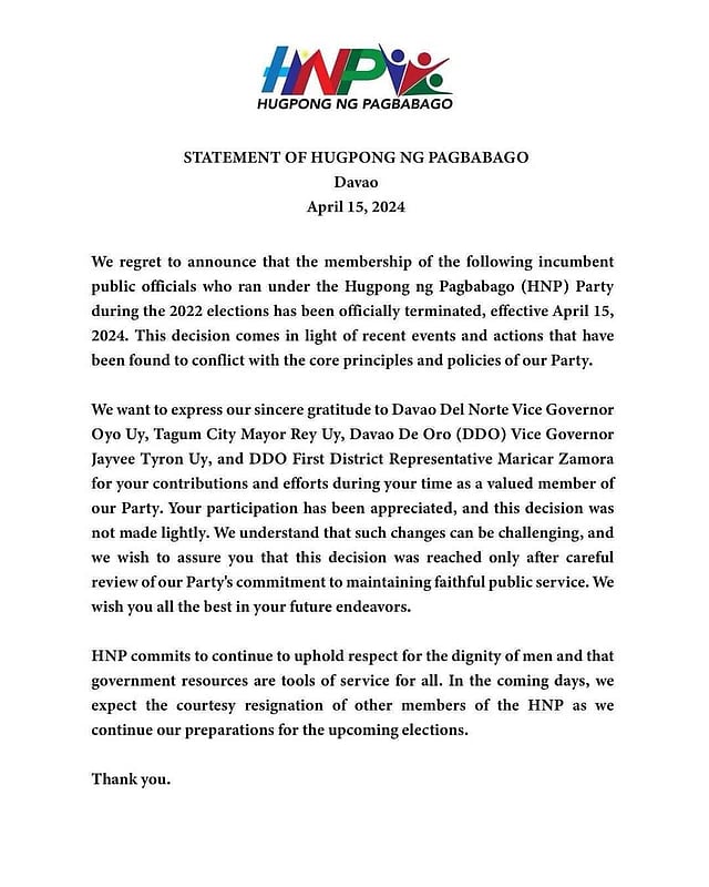 4 HNP members from Davao expelled?