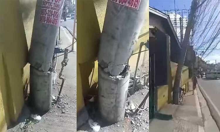 Broken concrete post held by spaghetti wires