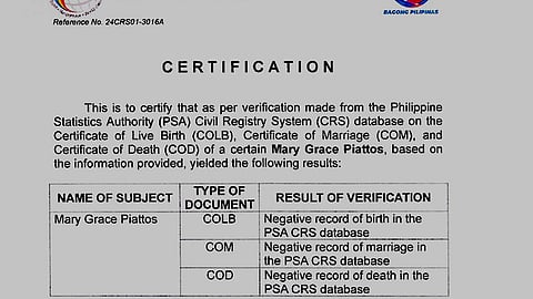 PSA no record of ‘Mary Grace Piattos’