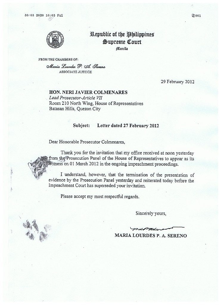 Evidence presentation termination supersedes Sereno invitation