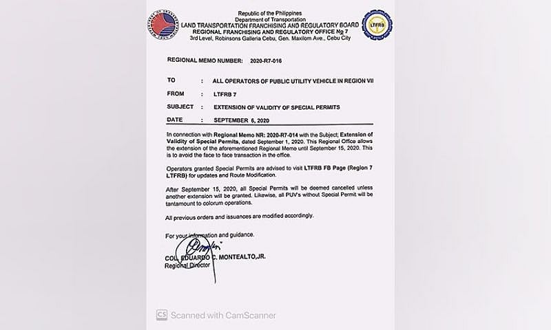 LTFRB-Central Visayas extends validity of special permit