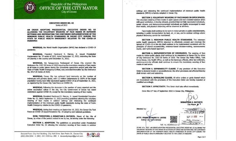 Davao City adopts PBBM's EO3 on voluntary wearing of face masks