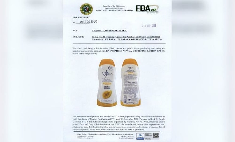 FDA issues health warning against Silka Papaya Whitening Lotion SPF 30