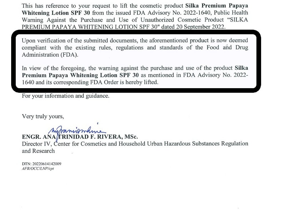 FDA lifts health warning vs. Silka Premium Papaya Whitening Lotion SPF 30