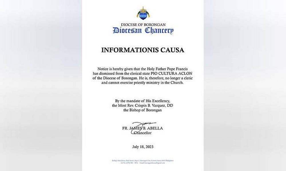 Diocese of Borongan announces dismissal of Fr. Pio Aclon