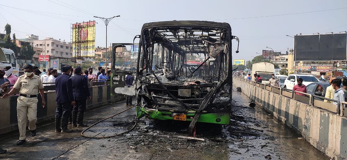 Pune: PMPML CNG bus catches fire after bike rams into it