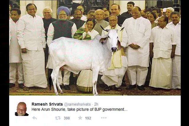 And a photo completes Shourie's 'BJP is Congress plus cow' remark