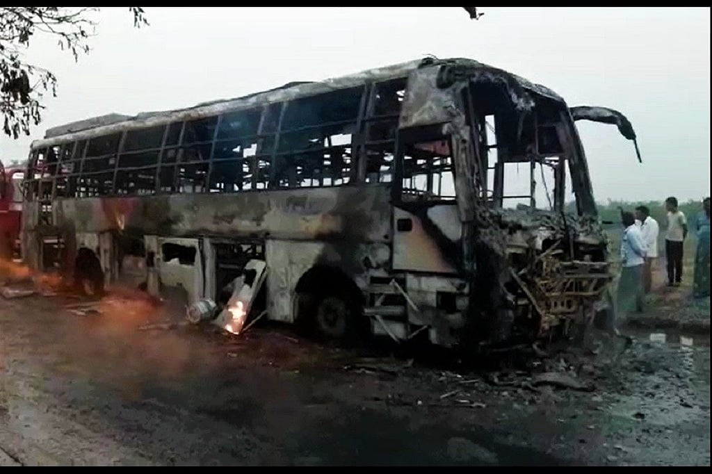 Video: Private bus catches fire in Andhra, narrow escape for passengers