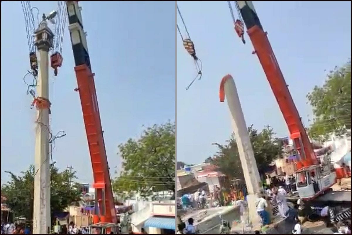 Video: Giant pole at Andhra temple breaks during installation as ...