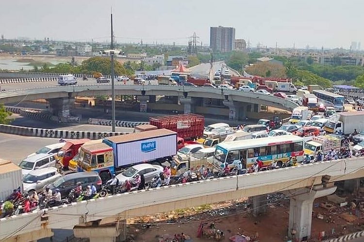 Visuals of traffic jam on Padi flyover in Chennai during lockdown ...