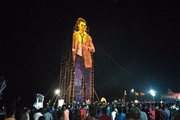 Kerala fans of Vijay erect 175-ft cut-out of the actor, the tallest in ...