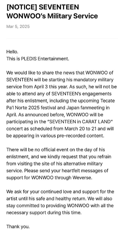 SEVENTEEN’s Wonwoo to Enlist in Military Service This April – Official ...