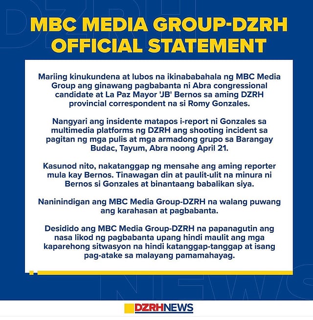 MBC Condemns La Paz Mayor JB Bernos Over Alleged Threats to DZRH Reporter