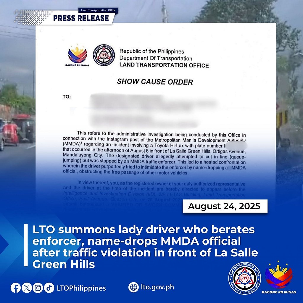 LTO summons lady driver who berated traffic enforcer, name-dropped MMDA ...