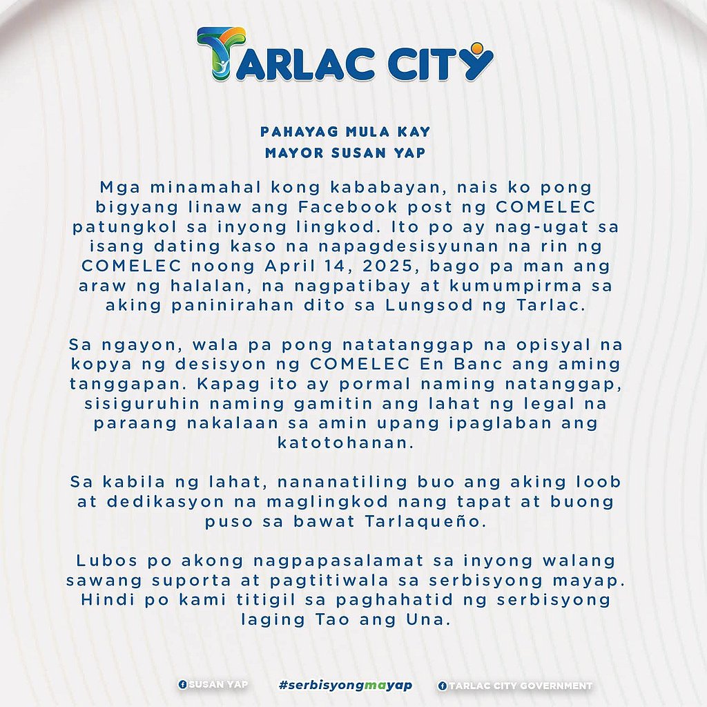 Tarlac Mayor Susan Yap denies Comelec disqualification claim