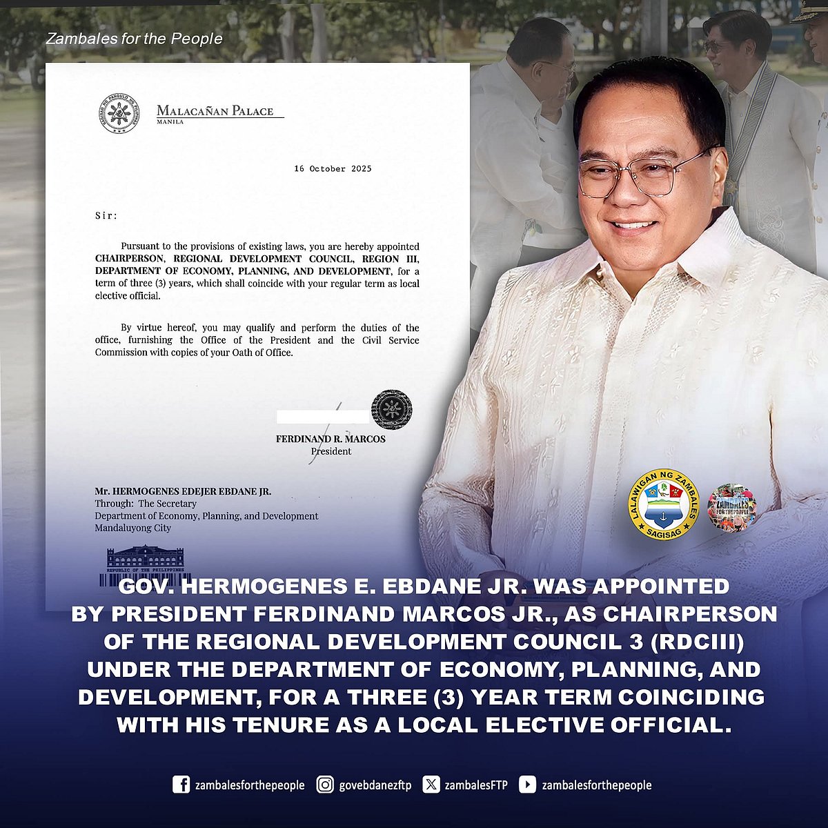 Marcos names Zambales Gov. Ebdane as Central Luzon RDC chair