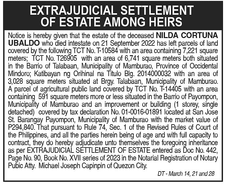 Extrajudicial Settlement Of Estate Sample Deed Of Extra Judicial