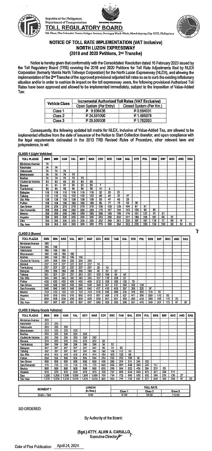 NOTICE OF TOLL RATE IMPLEMENTATION - NORTH LUZON EXPRESSWAY