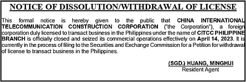 Notice of Dissolution/Withdrawal of License - CITCC Philippines