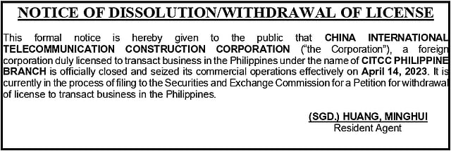 Notice of Dissolution/Withdrawal of License - CITCC Philippines