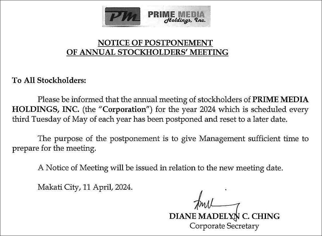 Prime Media Holdongs. Inc. - Postponement of Annual Stockholders Meeting