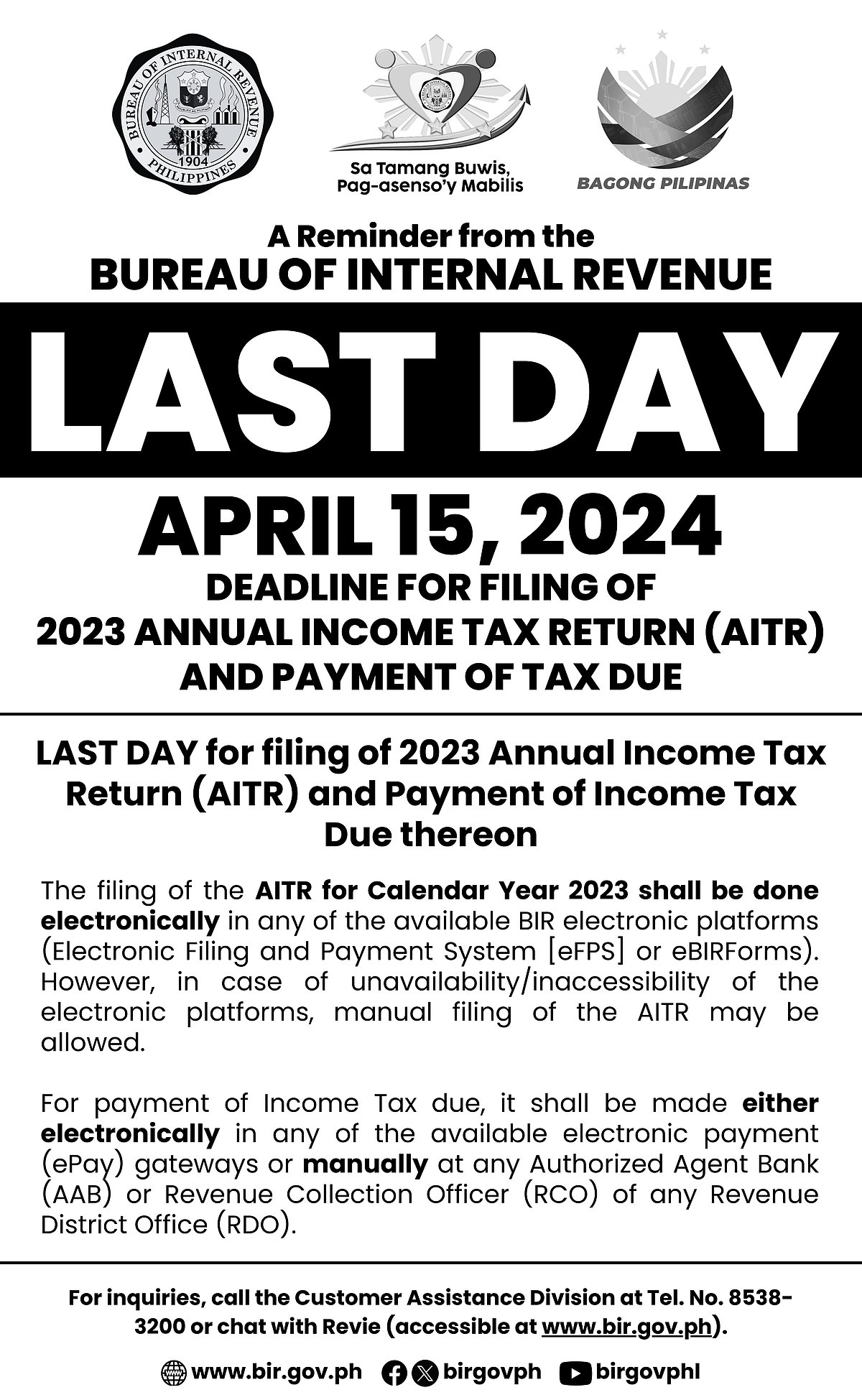 BIR - Deadline for Filing of 2023 Annual Income Tax Return (AITR) and ...