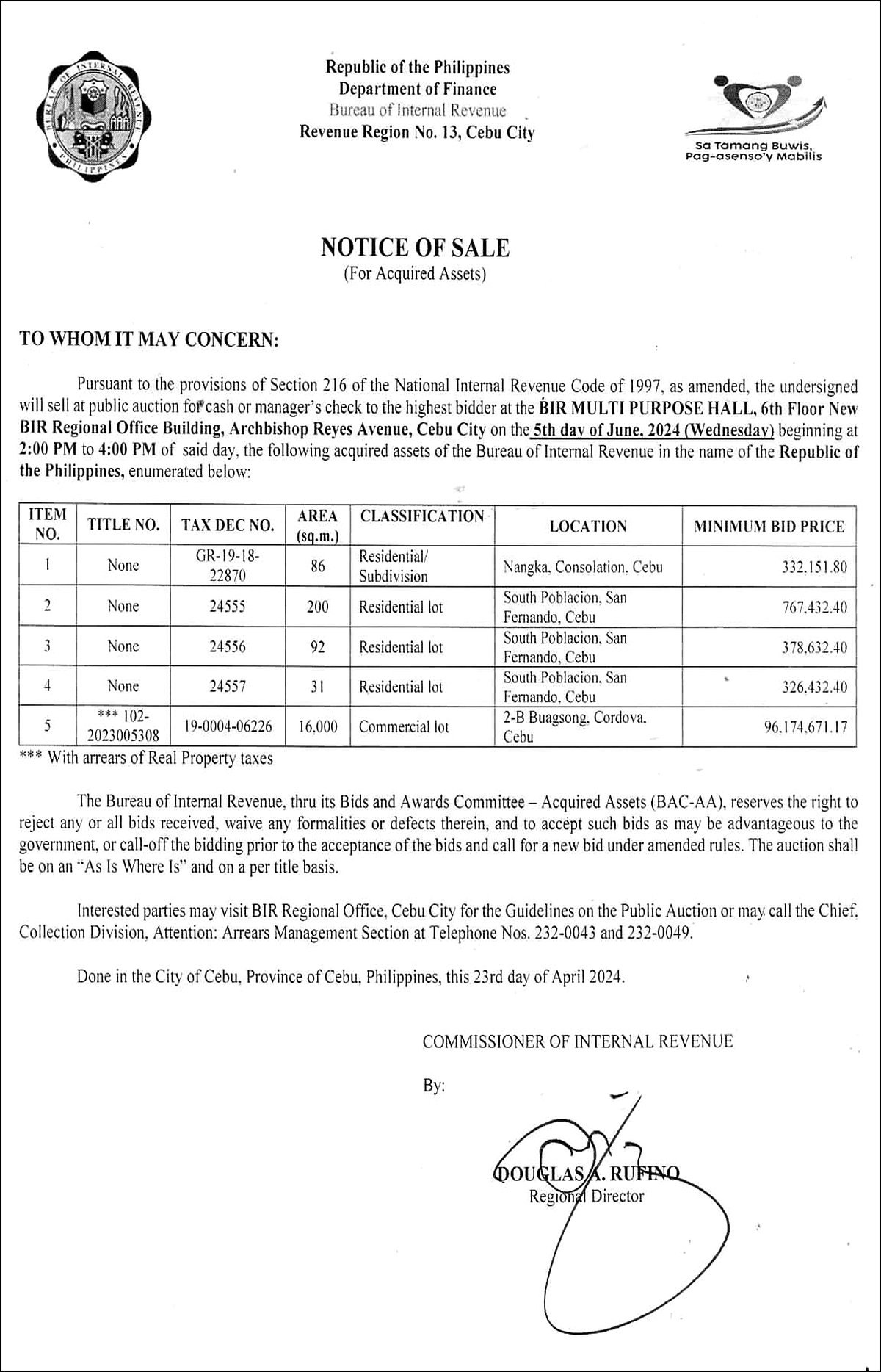 CEBU BIR - Notice of Sale (For Acquired Assets)