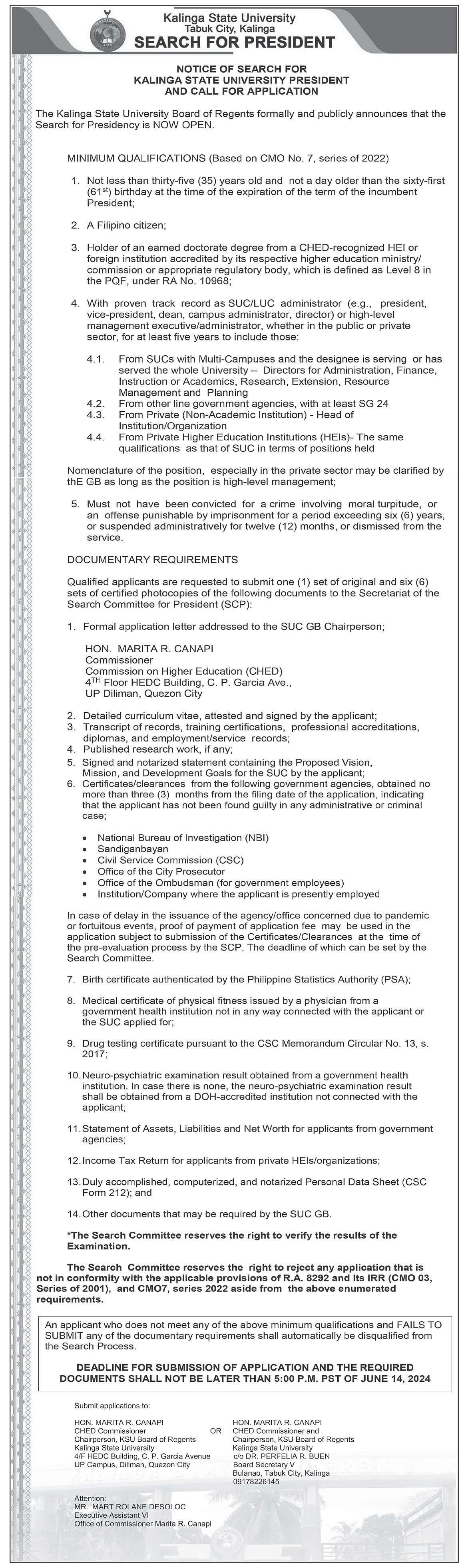Notice of Search for Kalinga State University President and Call for ...