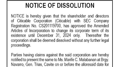 Notice of Dissolution - Citicable Corporation (Citicable)