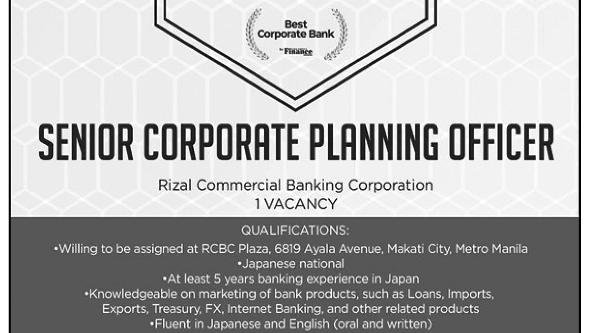 RCBC - Hiring Senior Corporate Planning Officer