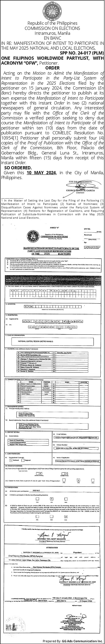 MANIFESTATION OF INTENT TO PARTICIPATE IN THE PARTY-LIST SYSTEM OF ...
