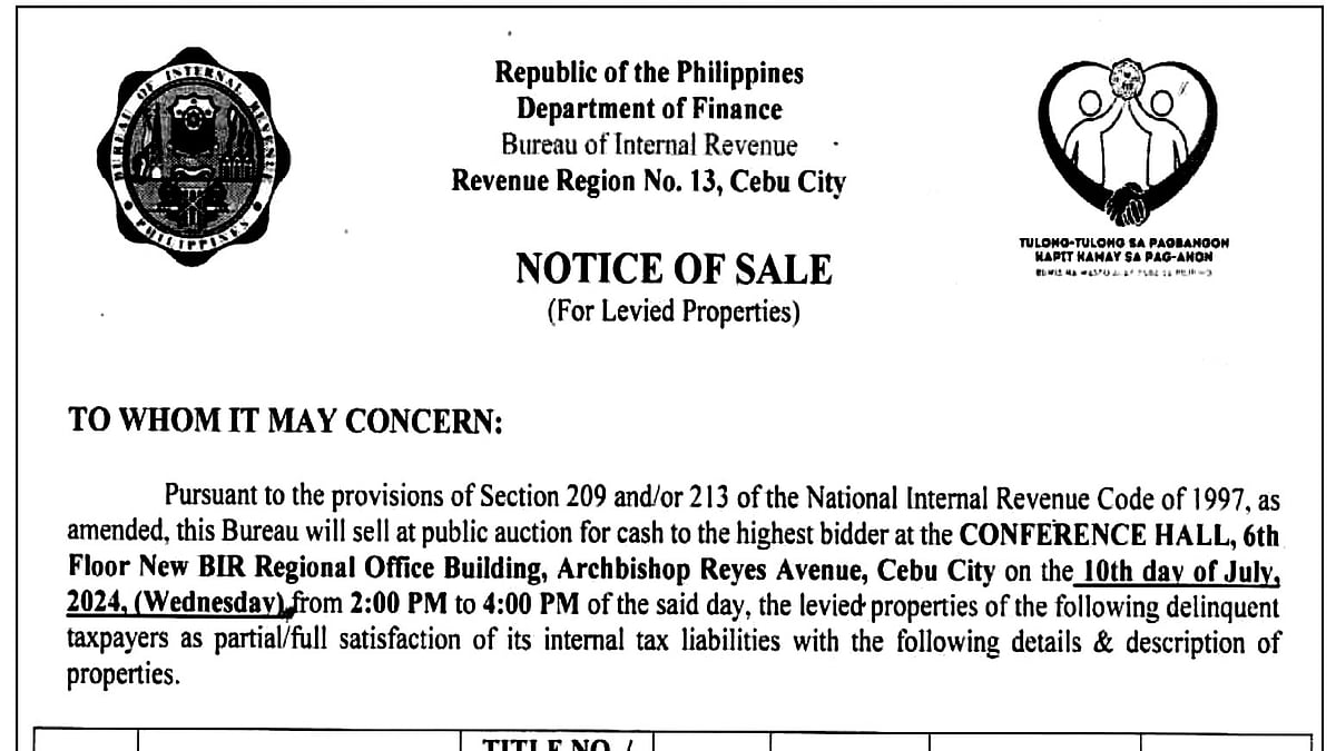 Cebu City BIR - Notice of Sale (For Levied Properties)