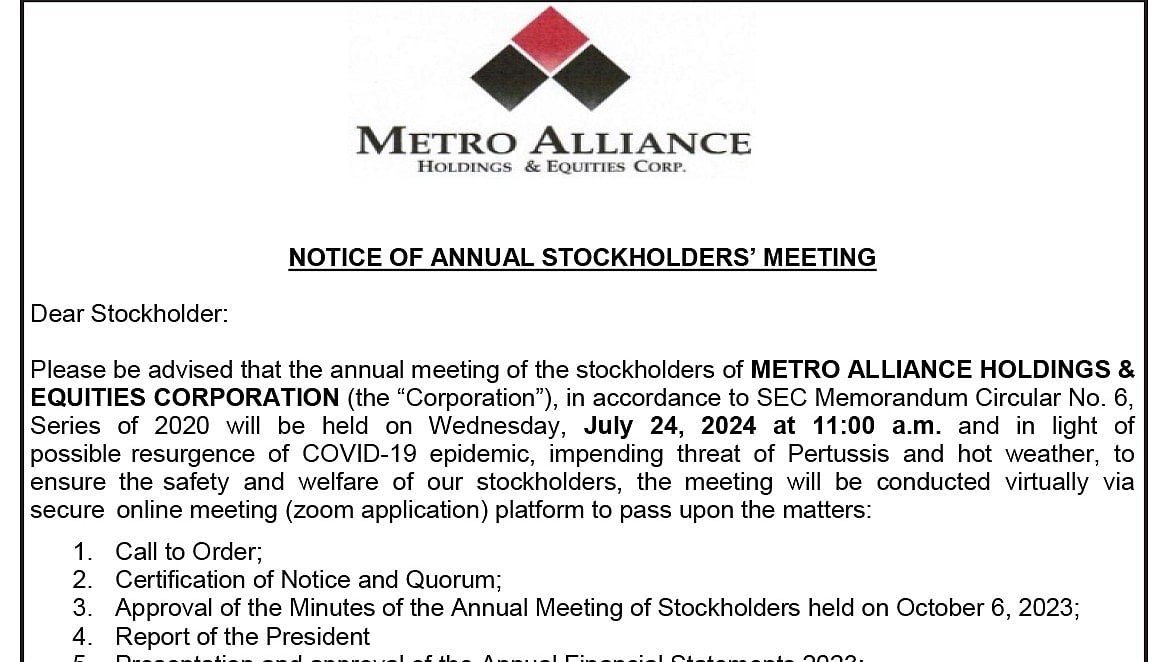 Notice of Annual Stockholders'Meeting - Metro Alliance Holdings ...