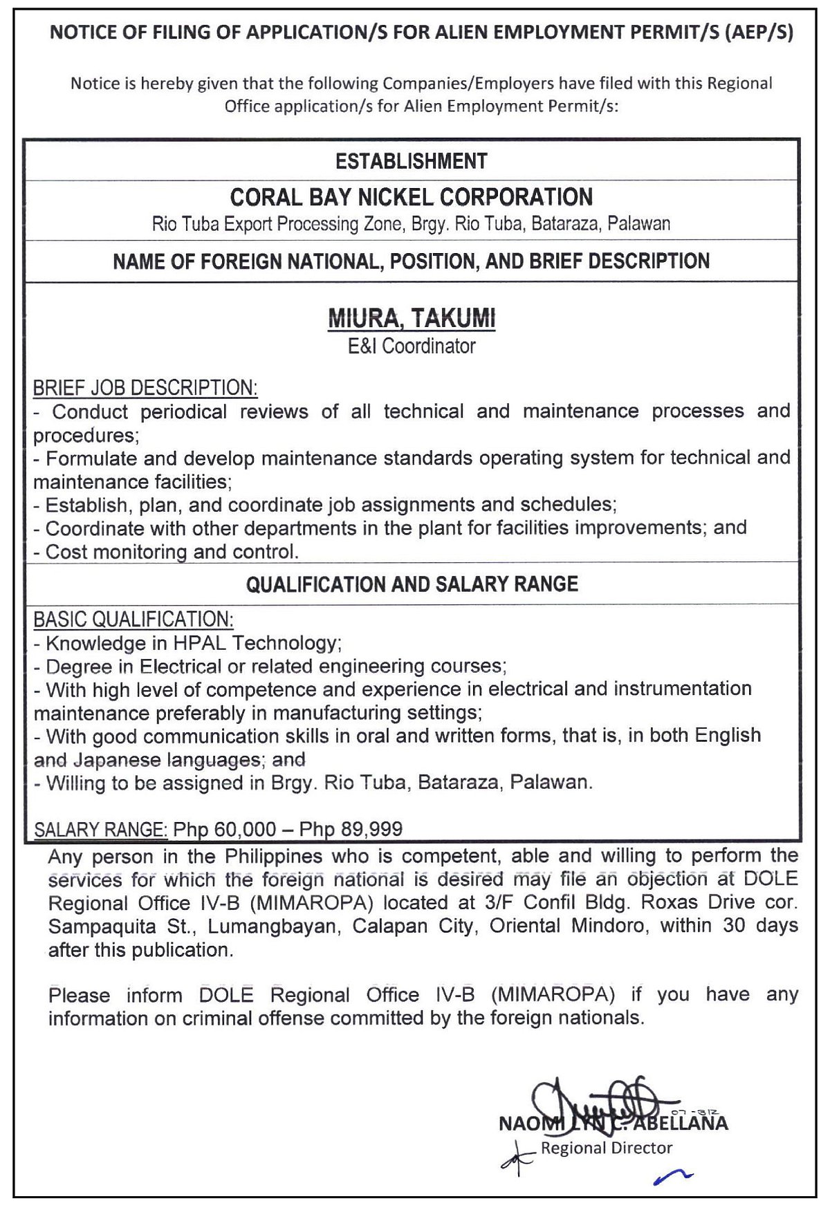 Notice of Filing of Application/s for Alien Employment Permit/s - Miura ...