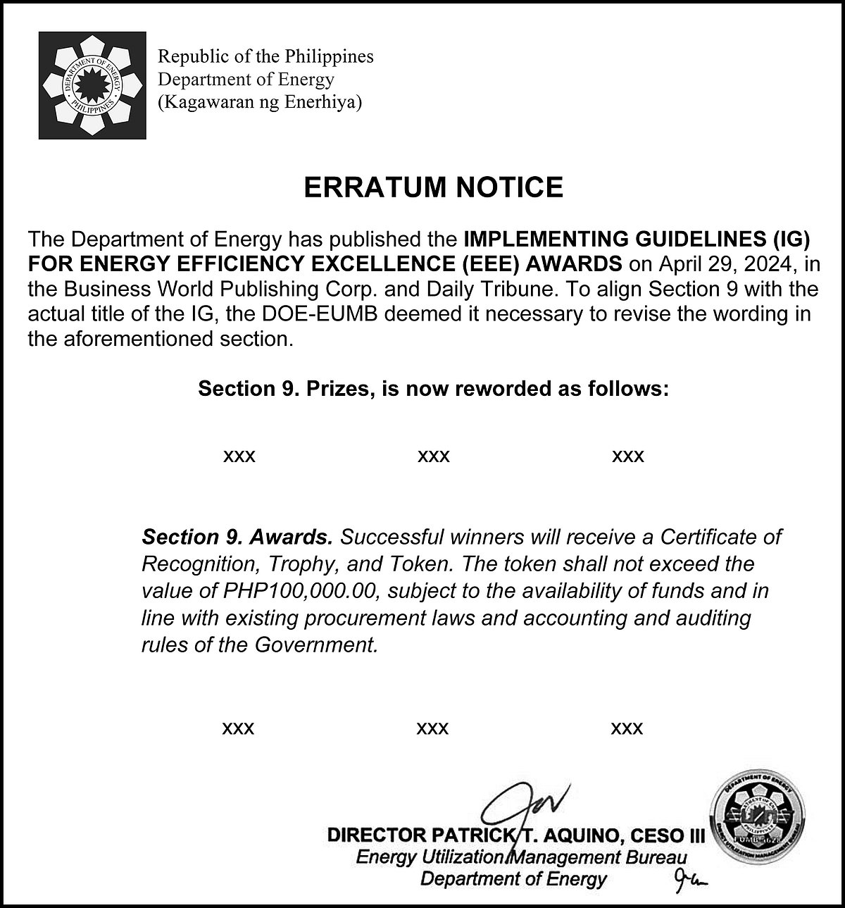 Department of Energy - Erratum Notice