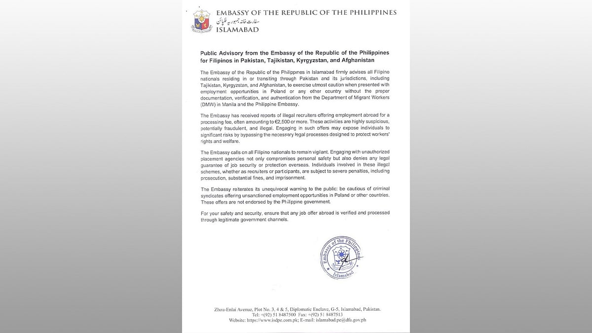 Philippine Embassy in Pakistan warns against illegal recruitment schemes