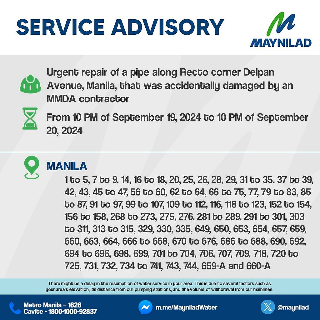 Recto pipeline damaged, 5 cities, Cavite no water supply