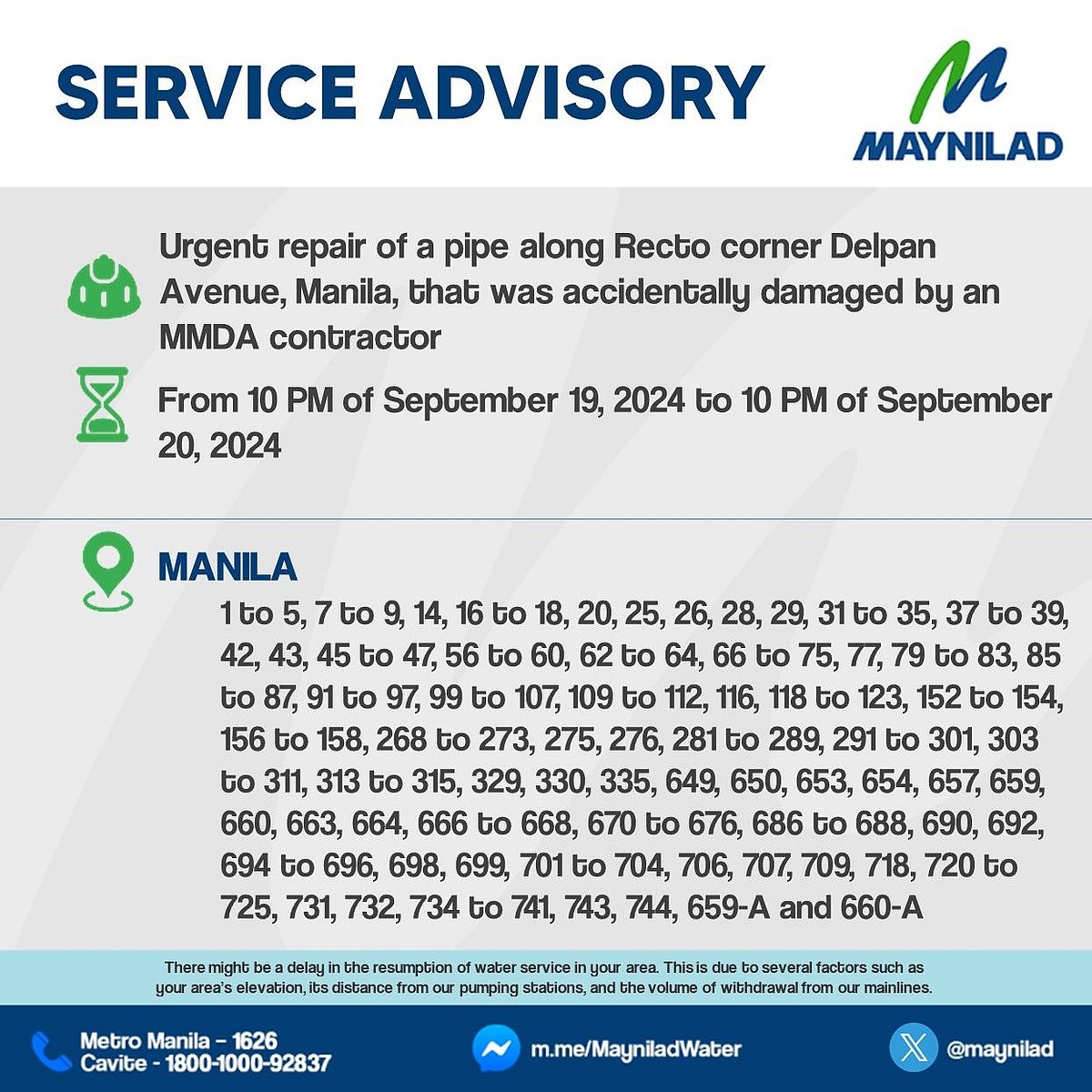 Recto pipeline damaged, 5 cities, Cavite no water supply